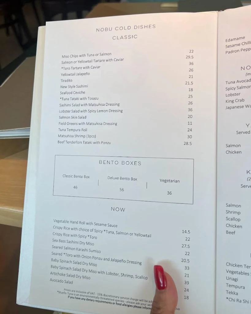 Nobu Menu Latest Prices UK 2025