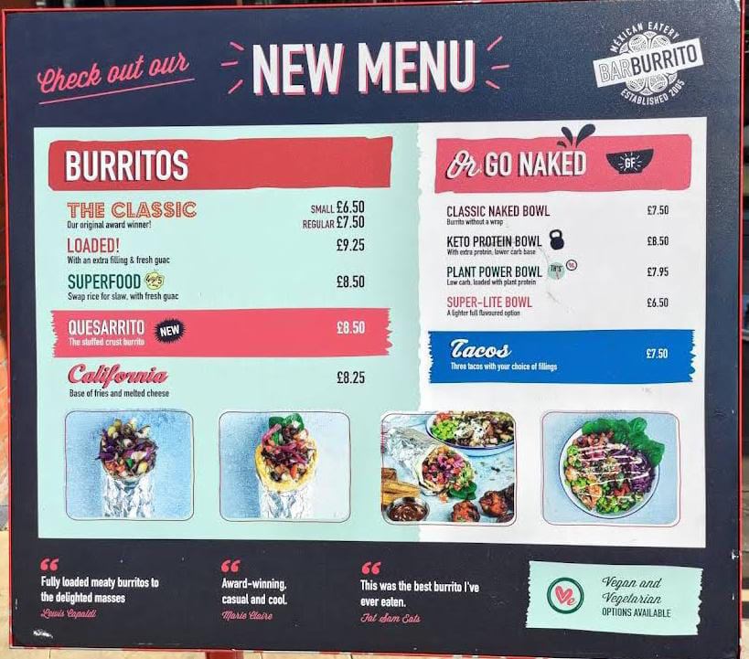 Barburrito Menu Latest Prices UK 2025