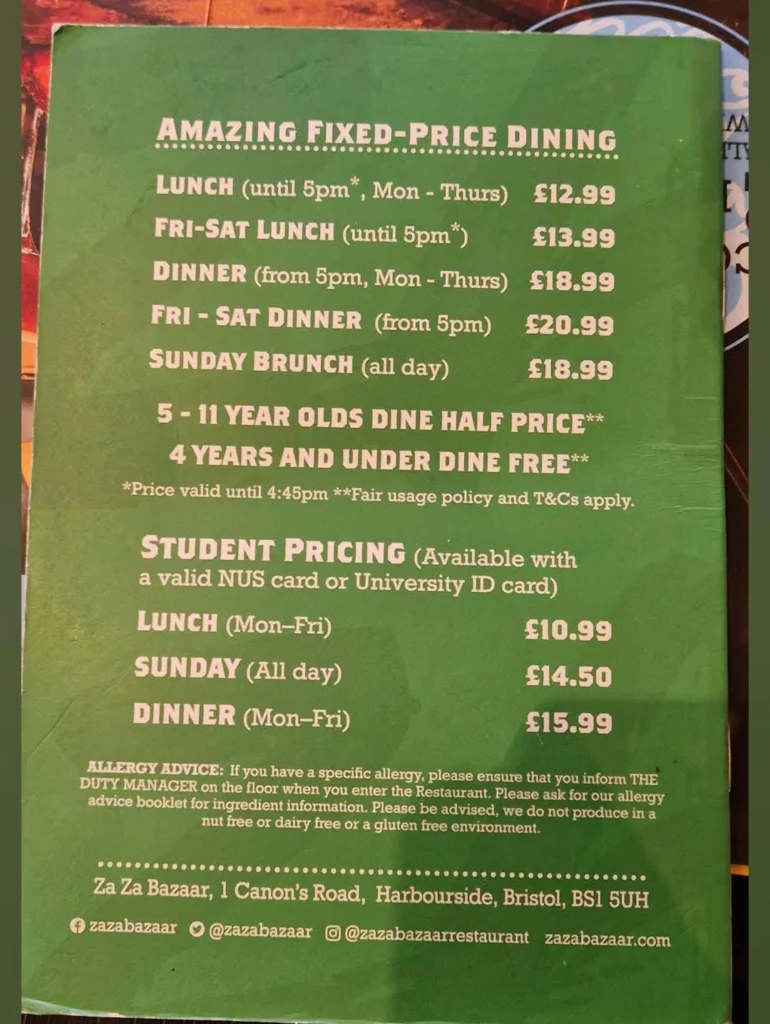 Za Za Bazaar Menu Latest Prices UK 2025