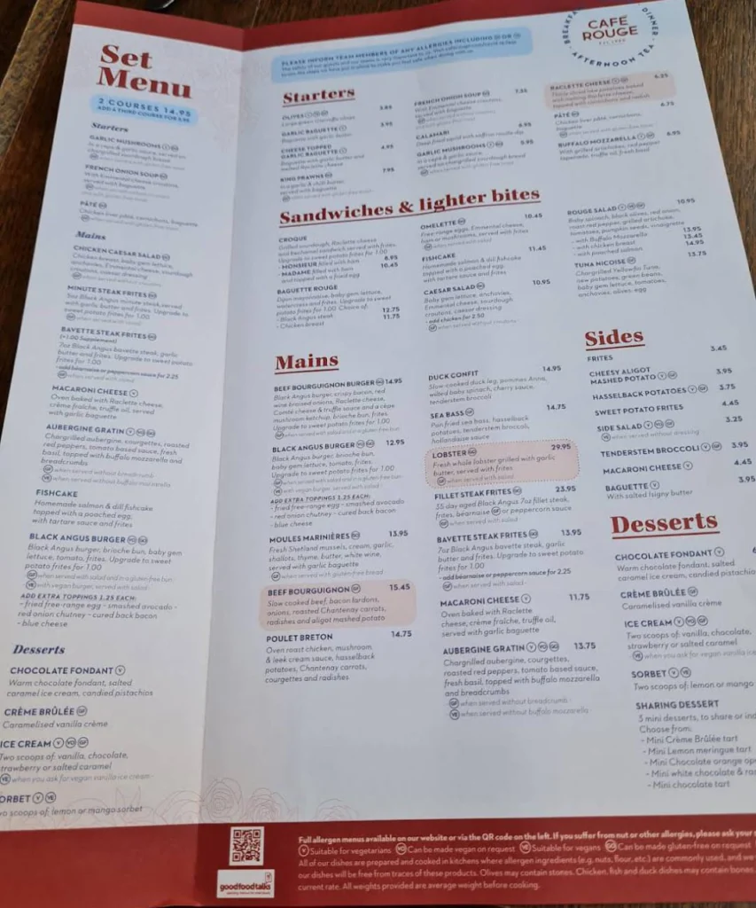 Café Rouge Menu Latest Prices UK 2025