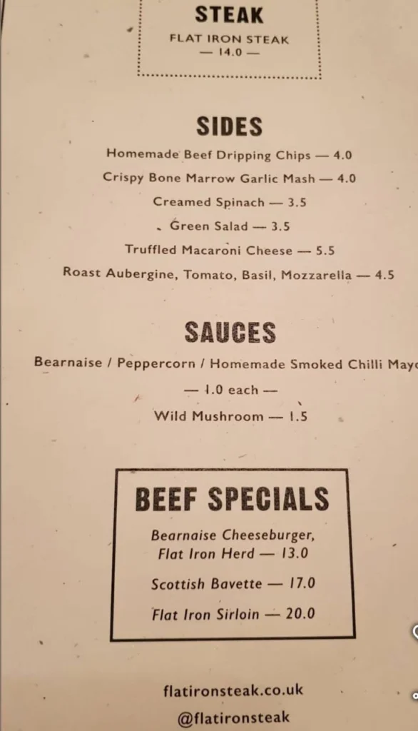 Flat Iron Menu Latest Prices UK 2025