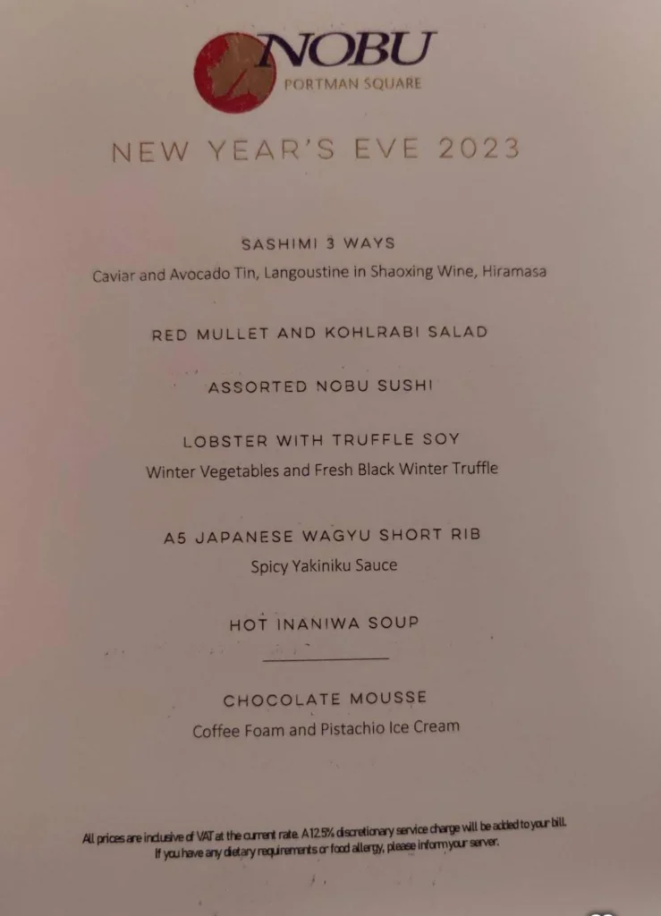 Nobu Portman Square Menu Latest Prices UK 2025