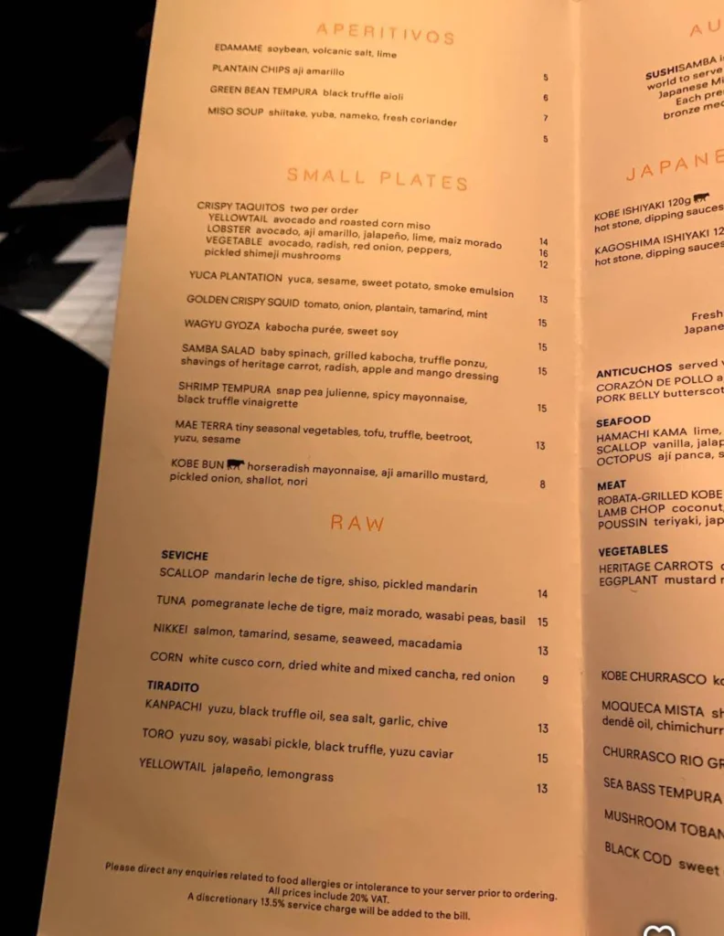 Sushi Samba Covent Garden Menu Latest Prices UK 2025