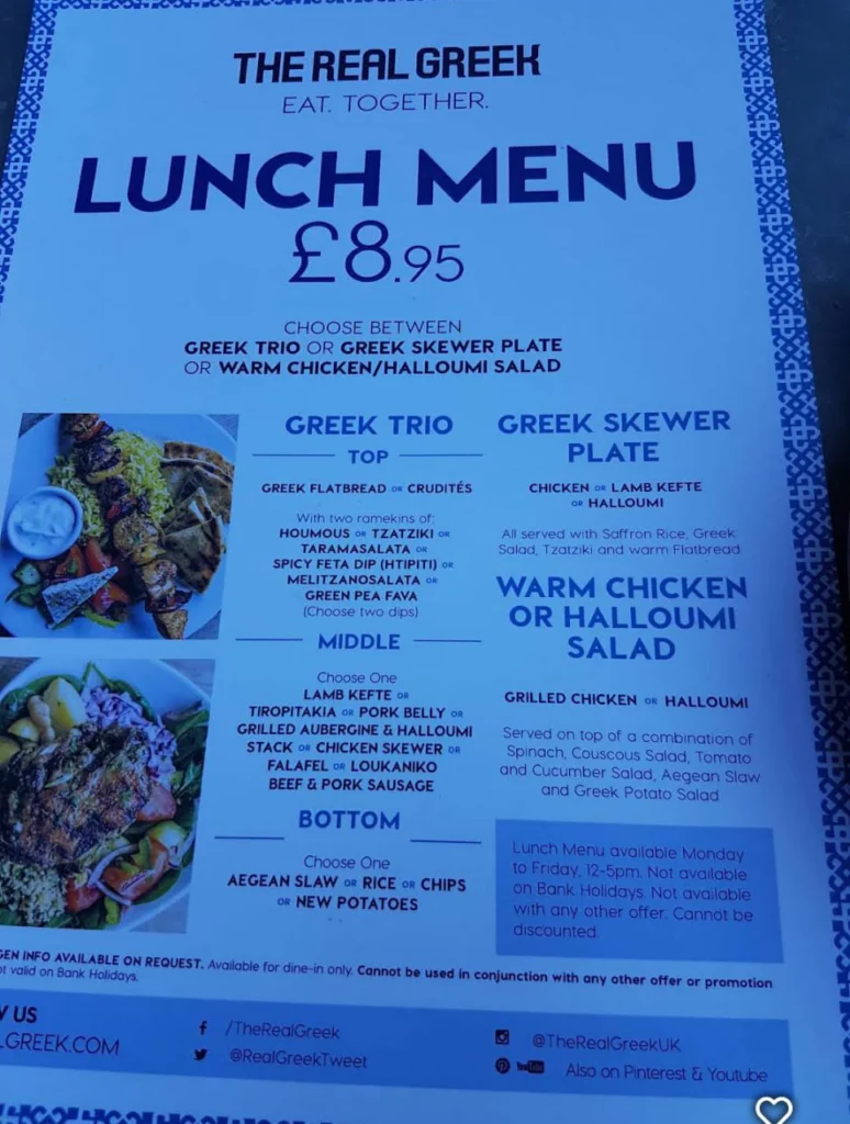 The Real Greek Menu Latest Prices UK 2025