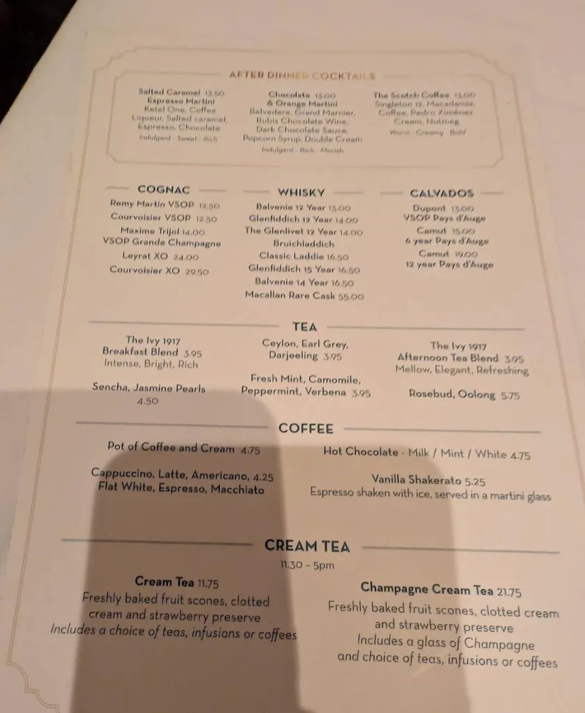 The Ivy Soho Brasserie Menu Latest Prices UK 2025
